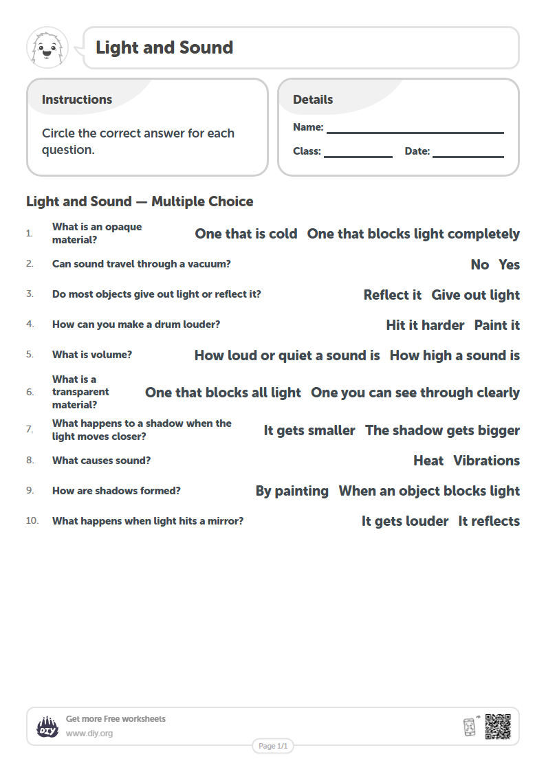 Free Light and Sound Worksheets