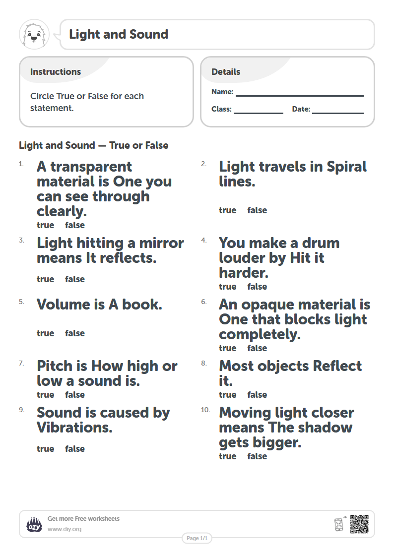 Free Light and Sound Worksheets
