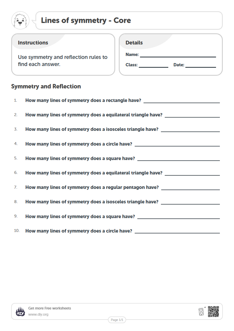 Free Lines of symmetry Worksheets