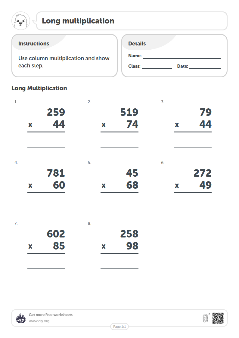 Free Long multiplication Worksheets