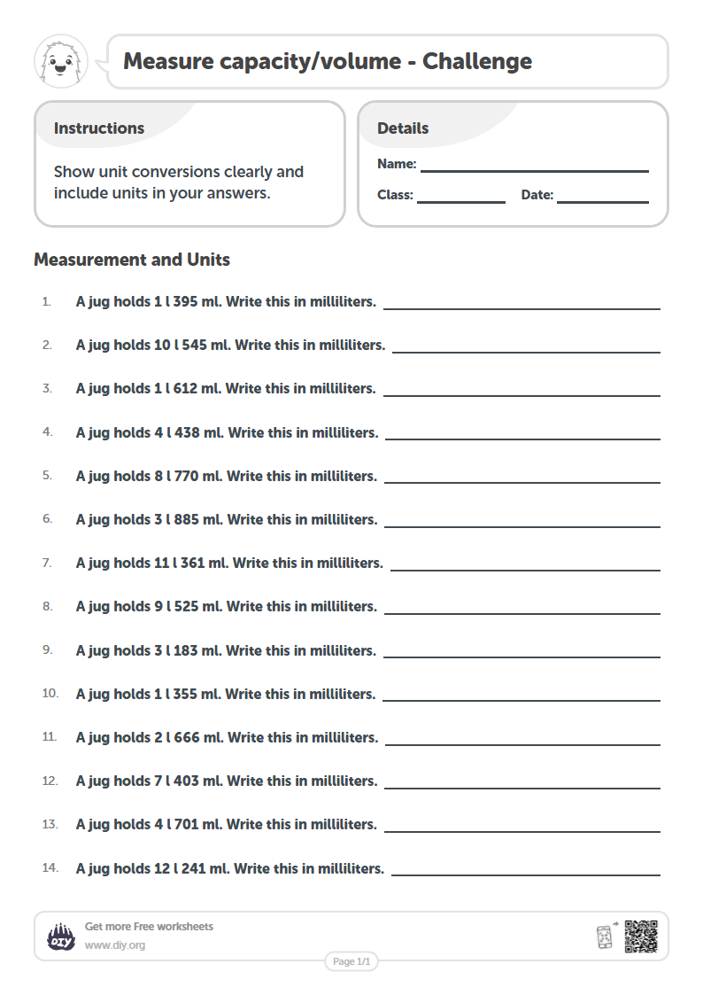 Free Measure capacity/volume Worksheets