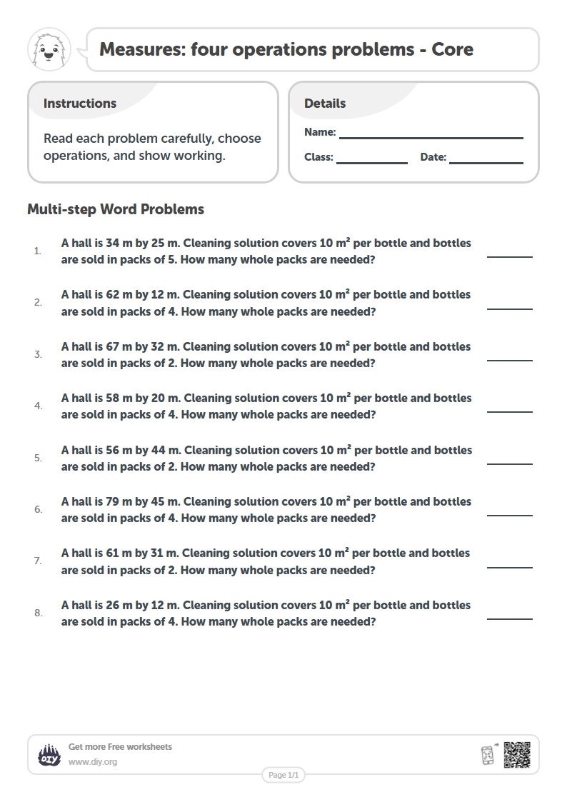 Free Measures: four operations problems Worksheets