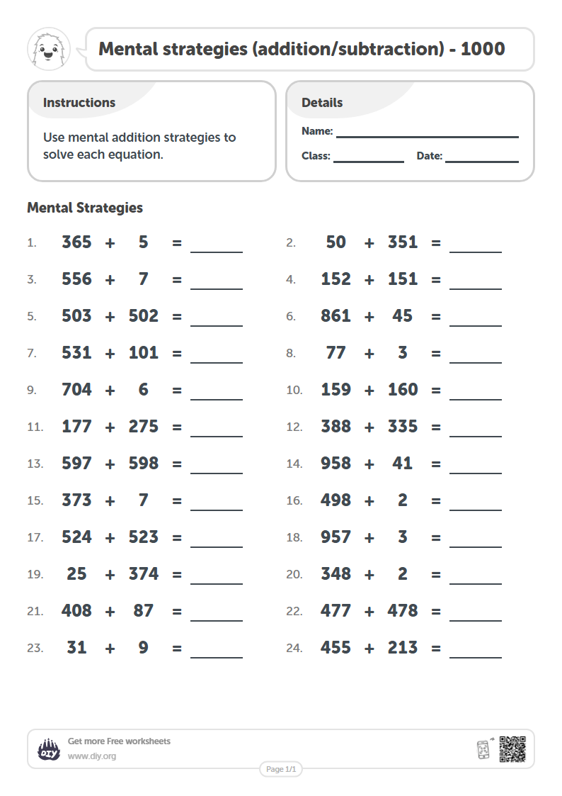 Free Mental strategies (addition/subtraction) - 1000 Worksheets