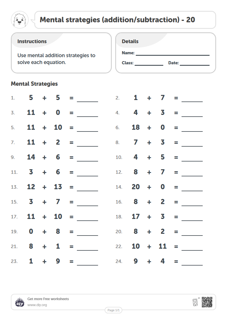 Free Mental strategies (addition/subtraction) - 20 Worksheets