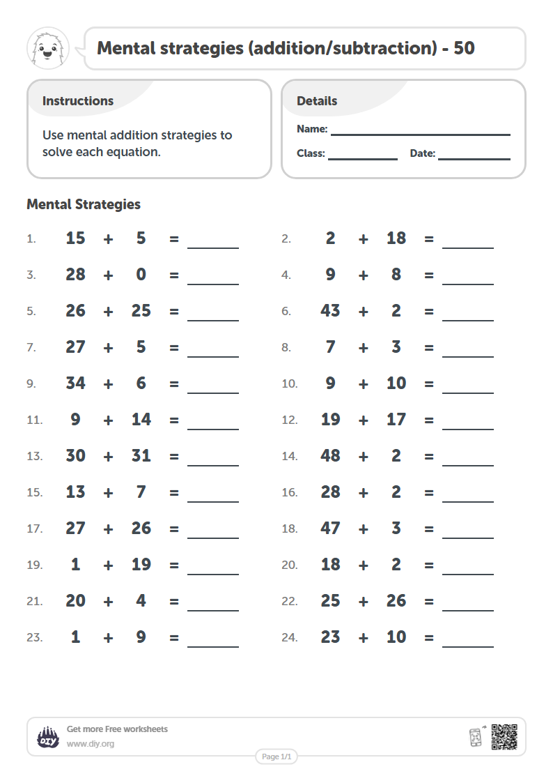 Free Mental strategies (addition/subtraction) - 50 Worksheets