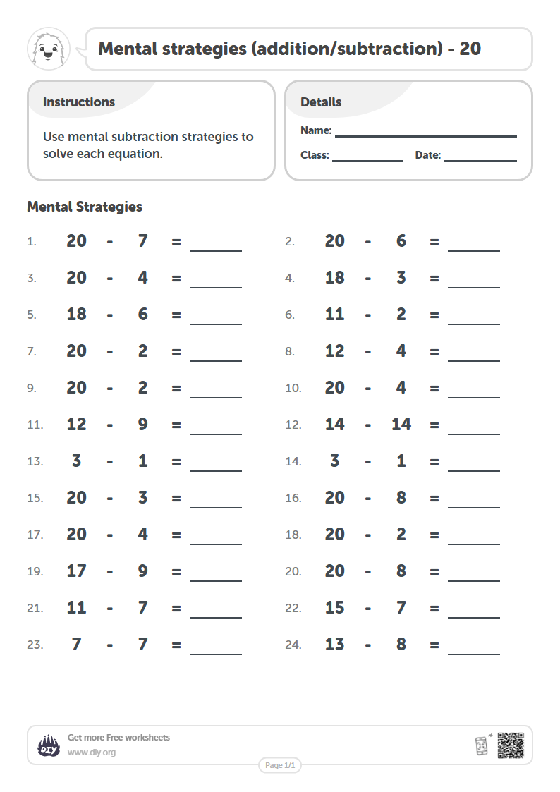 Free Mental strategies (addition/subtraction) - 20 Worksheets