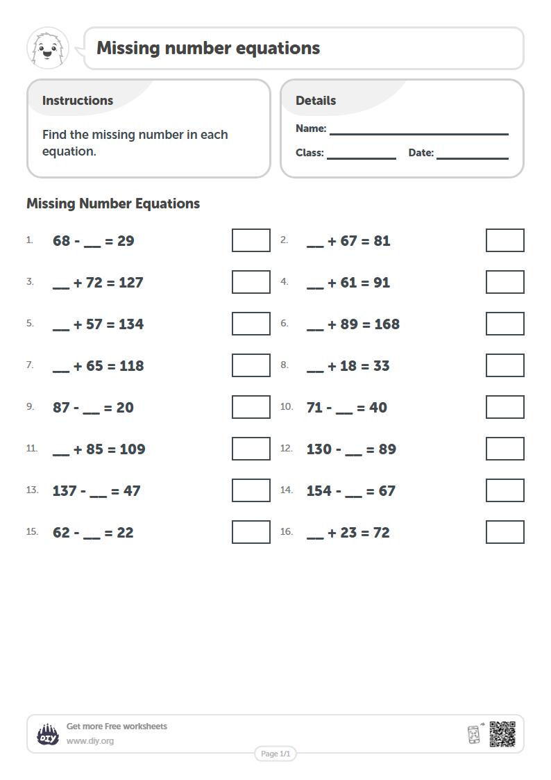 Free Missing number equations Worksheets