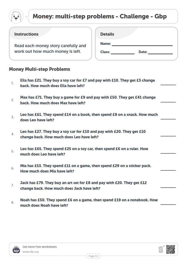 Free Money: multi-step problems - Gbp Worksheets