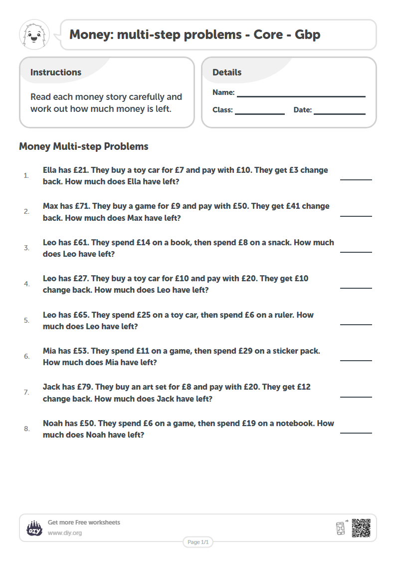 Free Money: multi-step problems - Gbp Worksheets