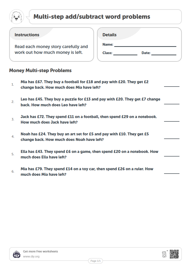 Free Multi-step add/subtract word problems Worksheets