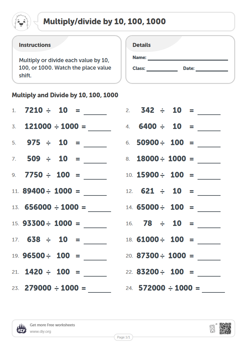 Free Multiply/divide by 10, 100, 1000 Worksheets