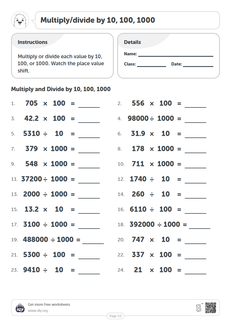 Free Multiply/divide by 10, 100, 1000 Worksheets