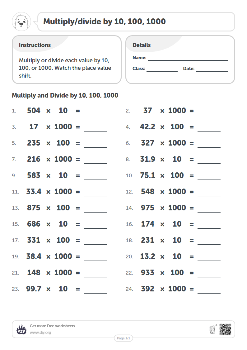 Free Multiply/divide by 10, 100, 1000 Worksheets