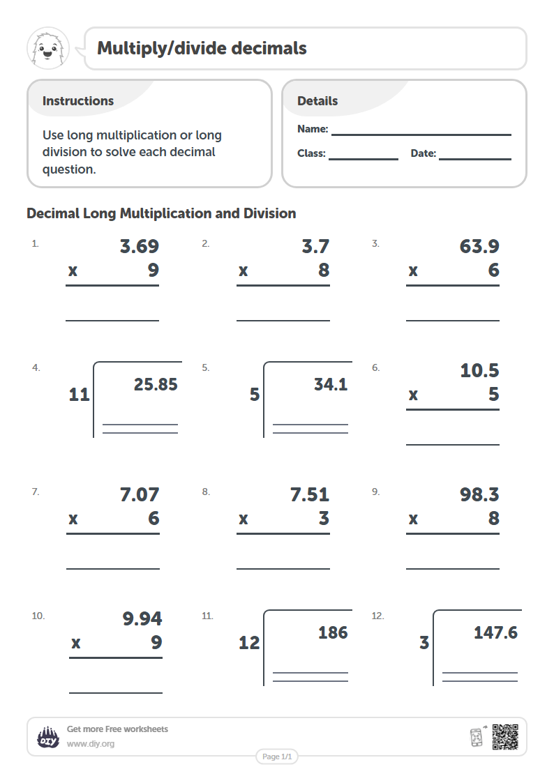 Free Multiply/divide decimals Worksheets