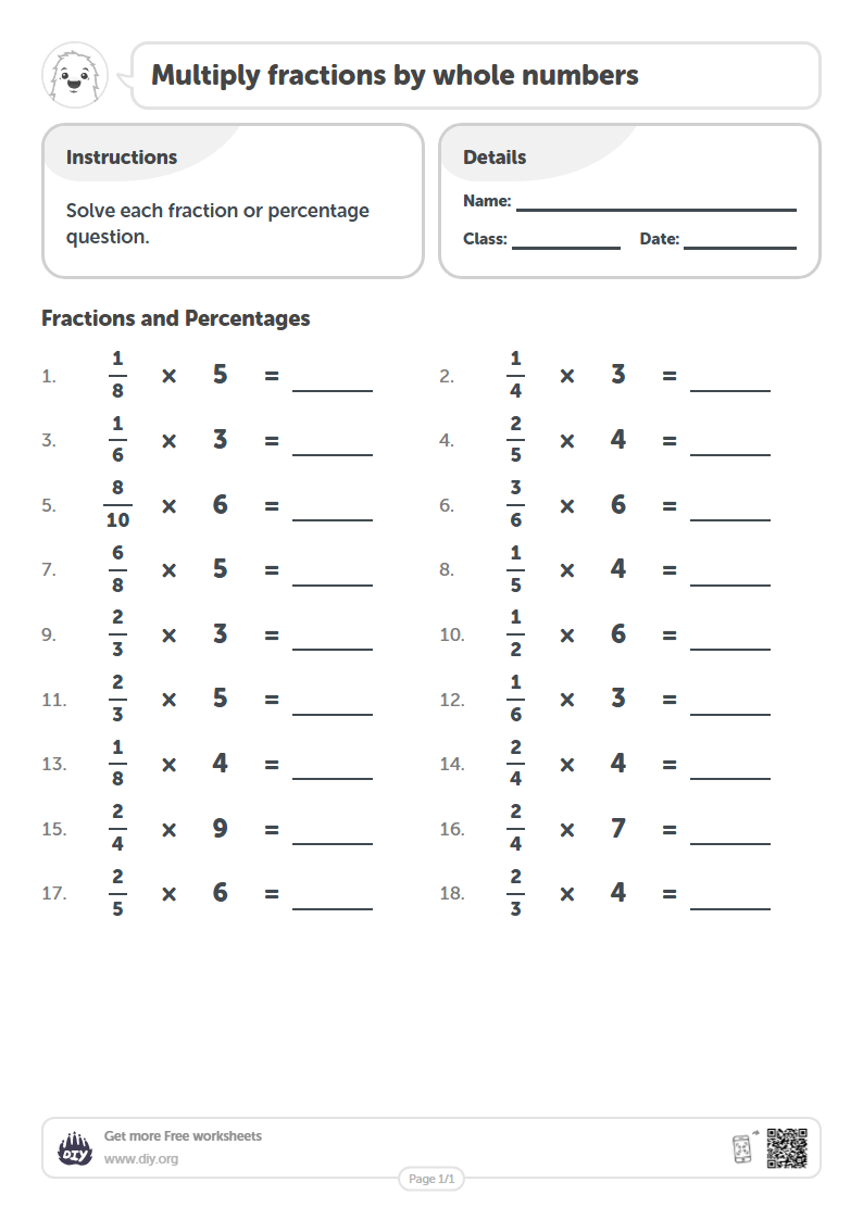 Free Multiply fractions by whole numbers Worksheets