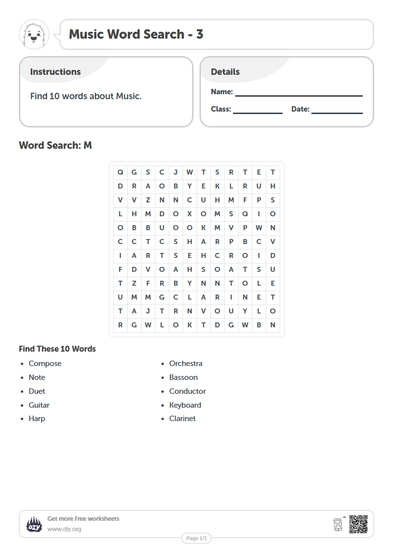 Free Music Word Search Worksheets