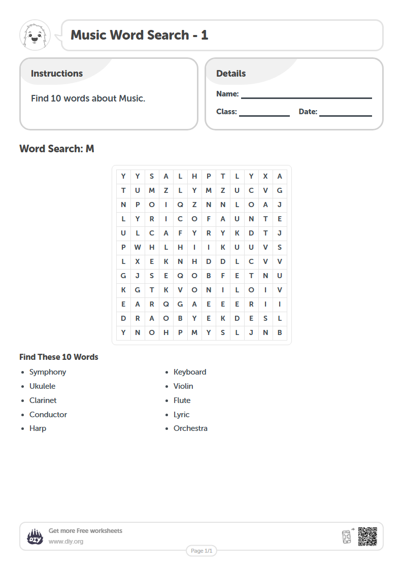 Free Music Word Search Worksheets