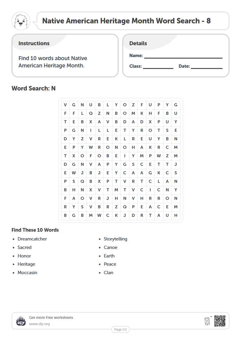 Free Native American Heritage Month Word Search Worksheets