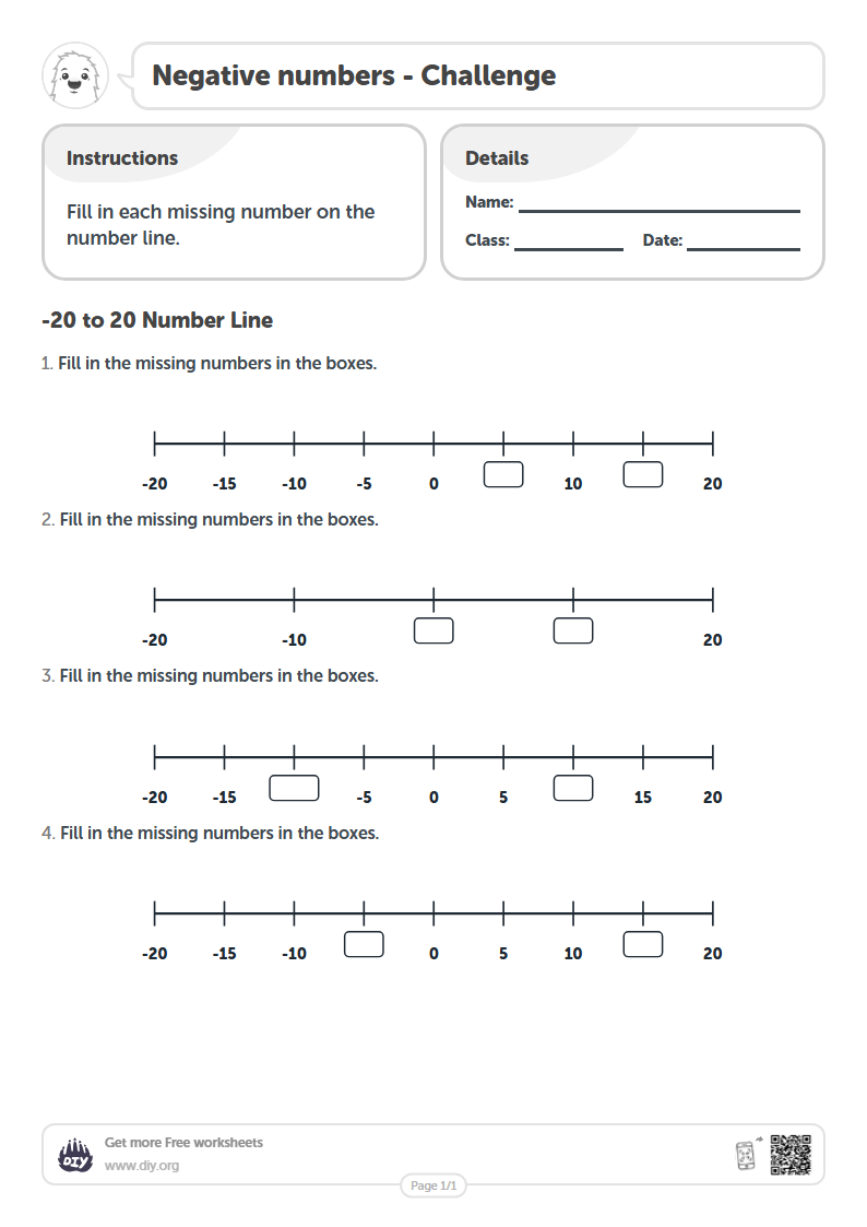 Free Negative numbers Worksheets