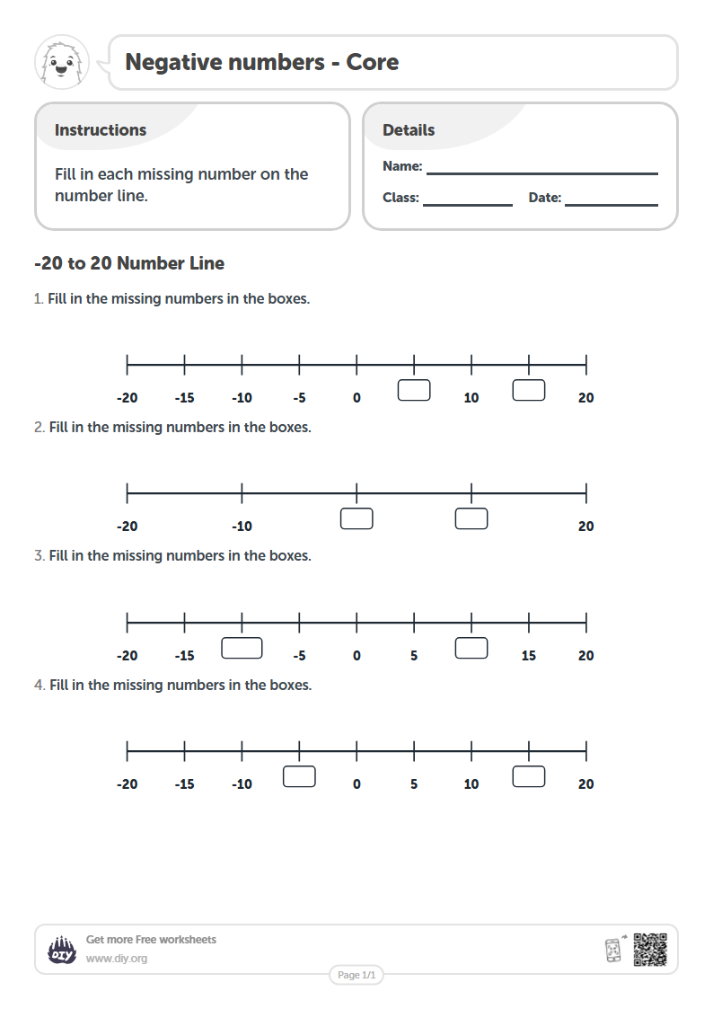 Free Negative numbers Worksheets