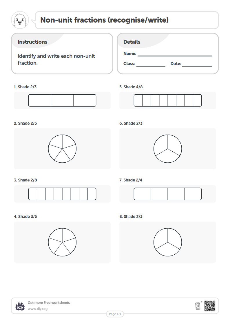 Free Non-unit fractions (recognise/write) Worksheets