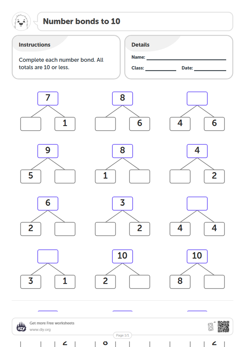 Free Number bonds to 10 Worksheets