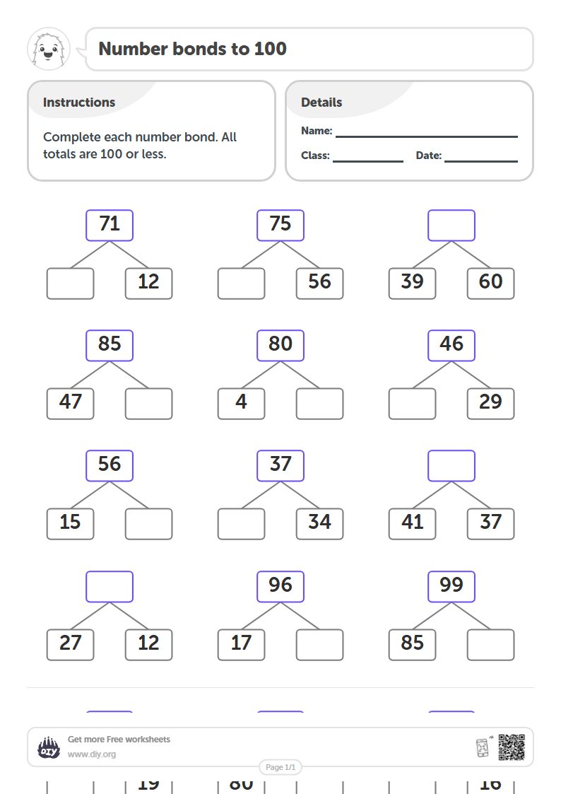 Free Number bonds to 100 Worksheets