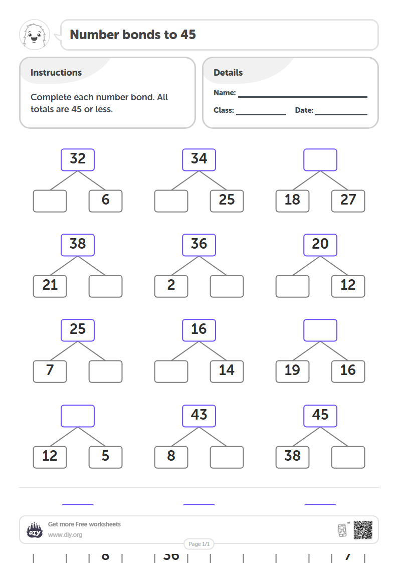 Free Number bonds to 45 Worksheets