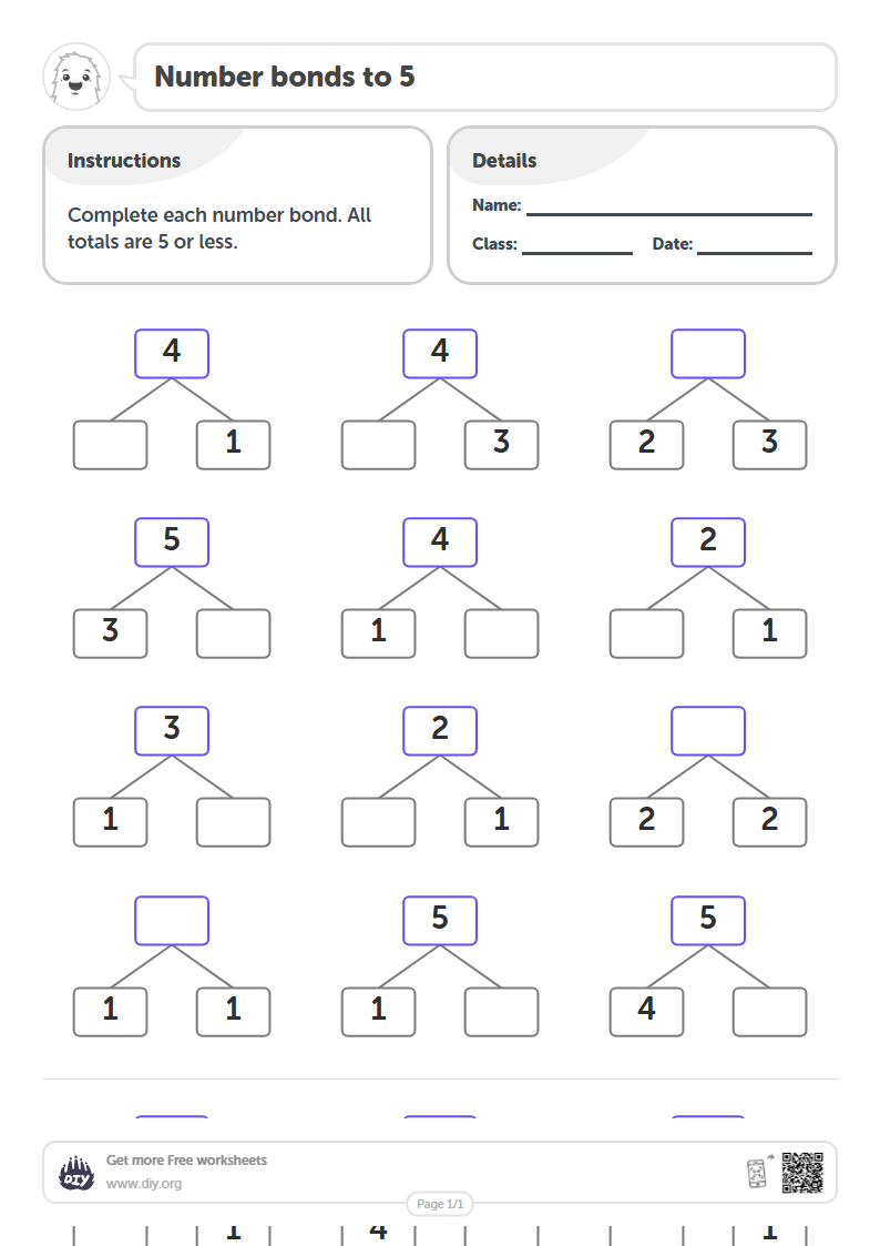 Free Number bonds to 5 Worksheets