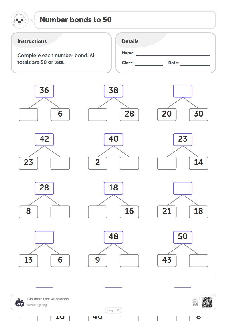Free Number bonds to 50 Worksheets