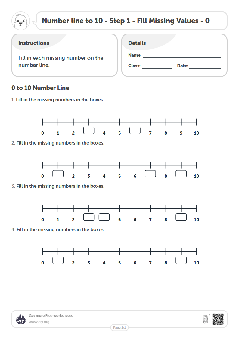 Free Number line to 10 - Step 1 - Fill Missing Values - 0 Worksheets