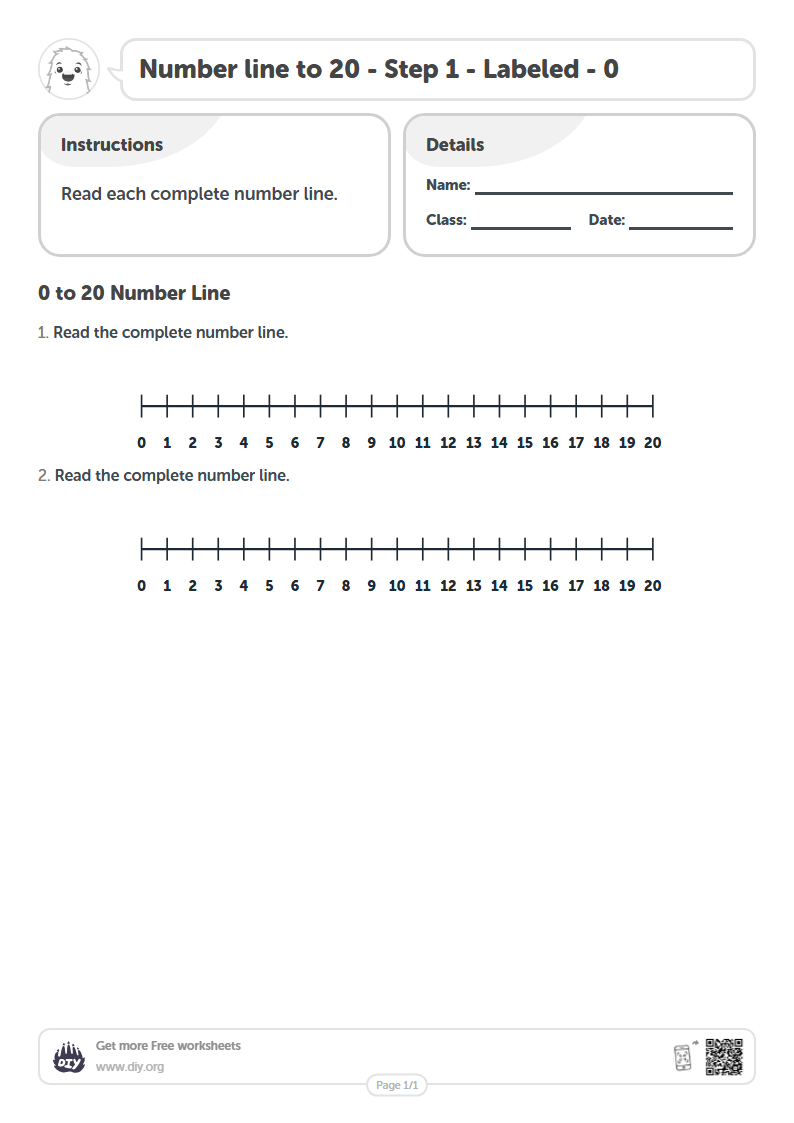 Free Number line to 20 - Step 1 - Labeled - 0 Worksheets