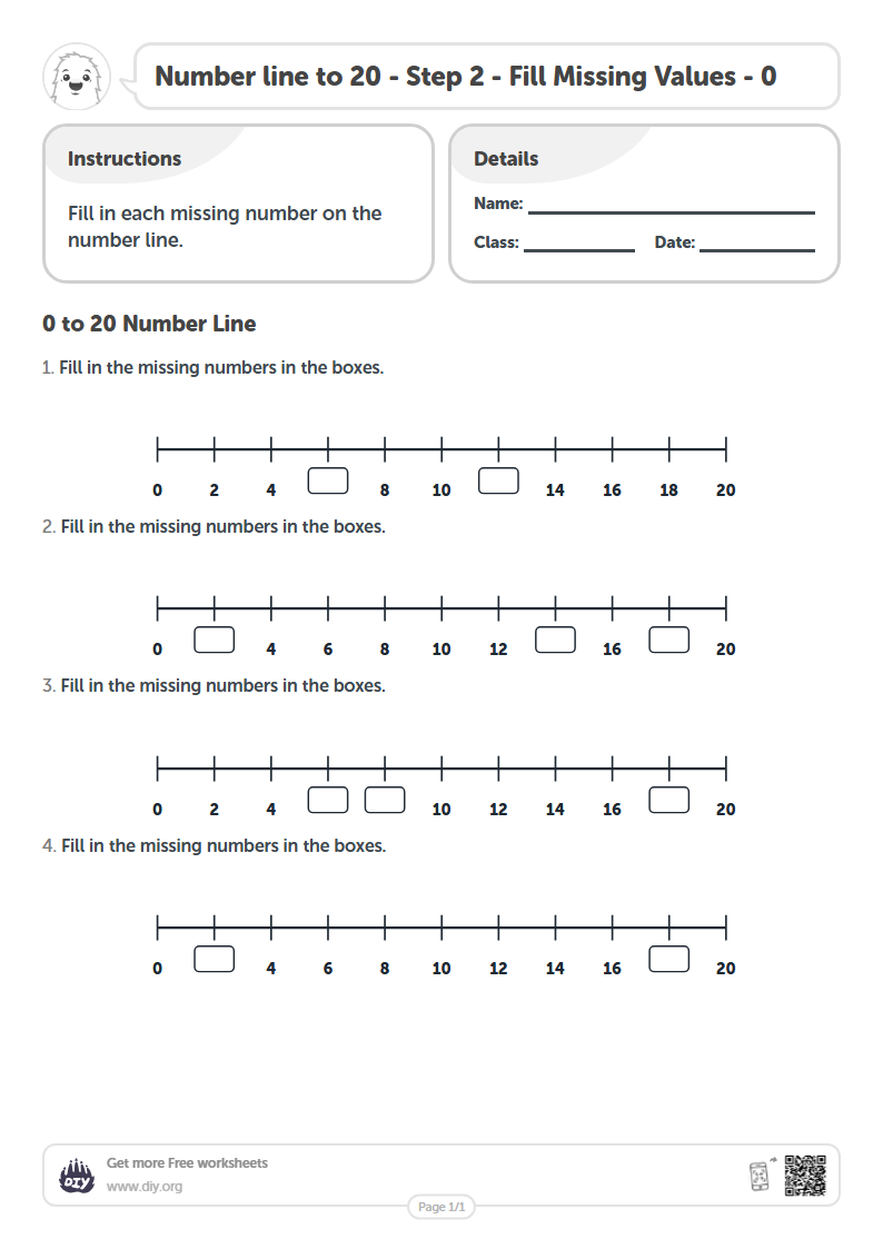Free Number line to 20 - Step 2 - Fill Missing Values - 0 Worksheets