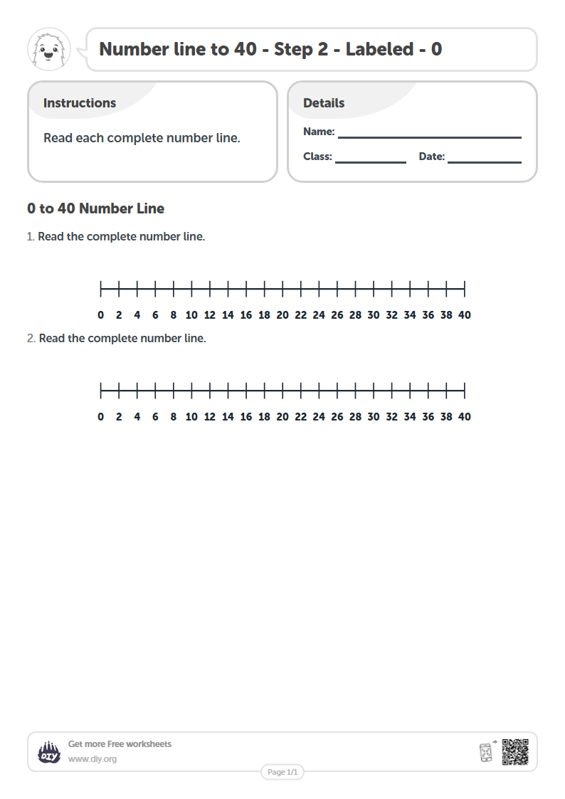 Free Number line to 40 - Step 2 - Labeled - 0 Worksheets
