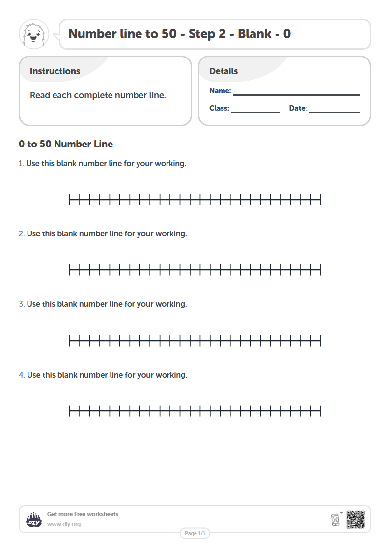 Free Number line to 50 - Step 2 - Blank - 0 Worksheets