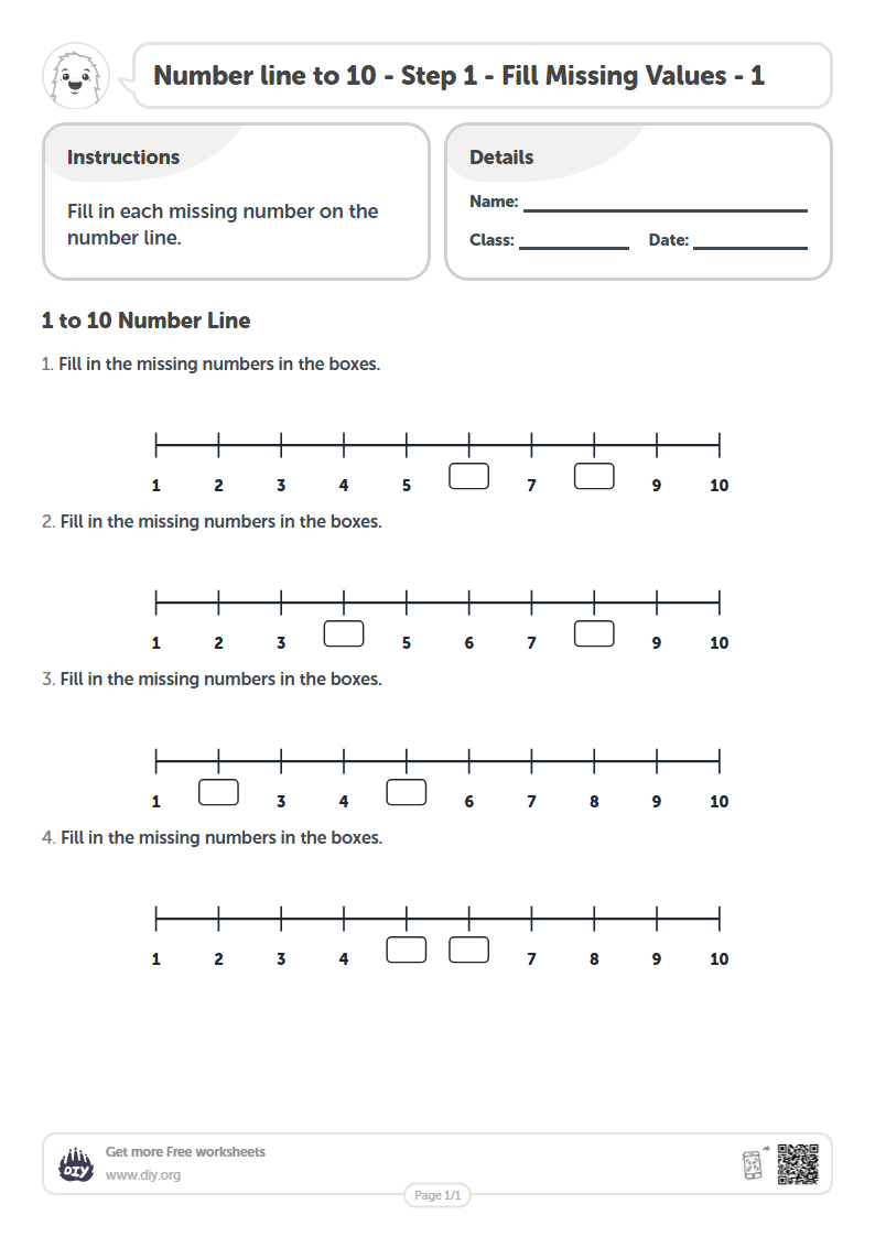 Free Number line to 10 - Step 1 - Fill Missing Values - 1 Worksheets