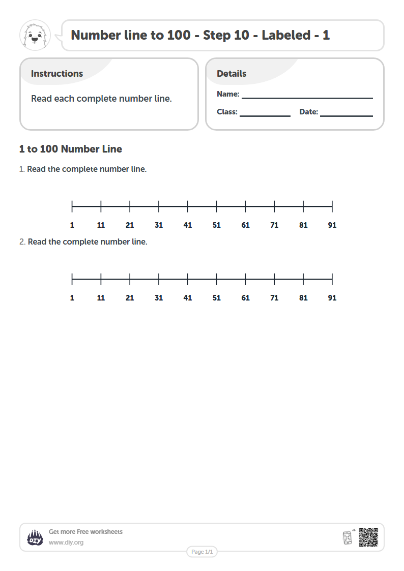 Free Number line to 100 - Step 10 - Labeled - 1 Worksheets