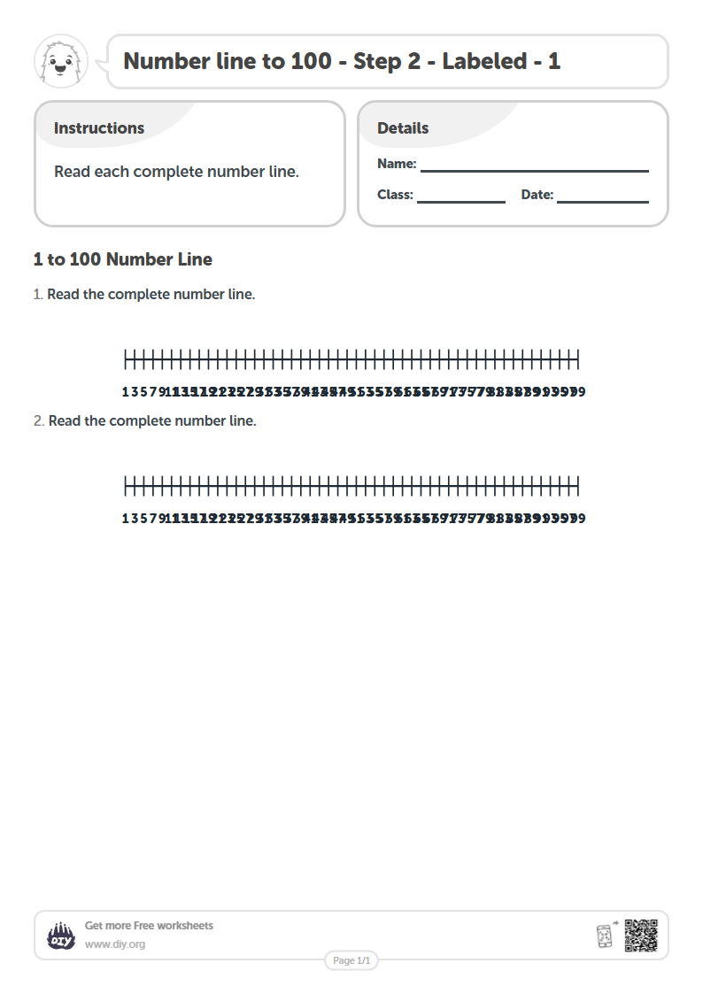 Free Number line to 100 - Step 2 - Labeled - 1 Worksheets
