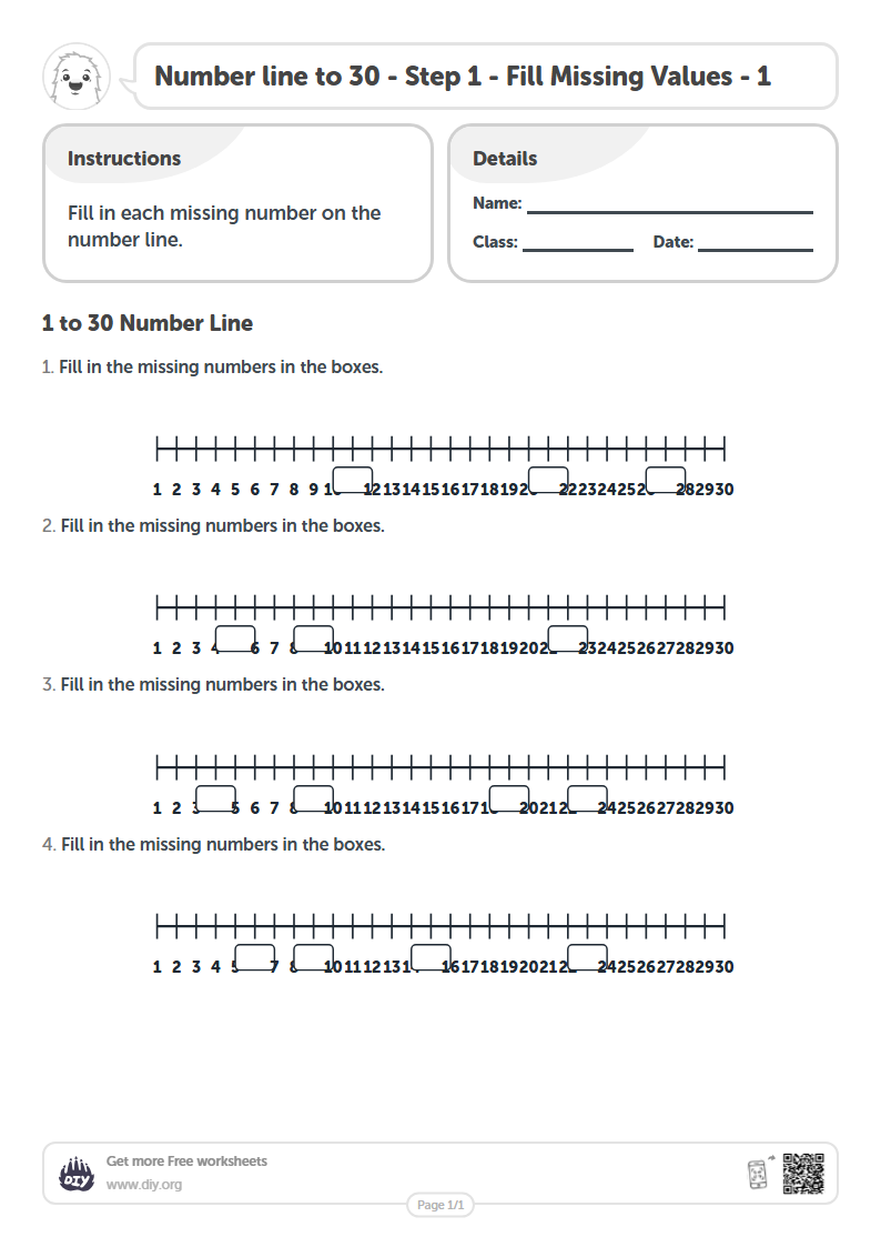 Free Number line to 30 - Step 1 - Fill Missing Values - 1 Worksheets