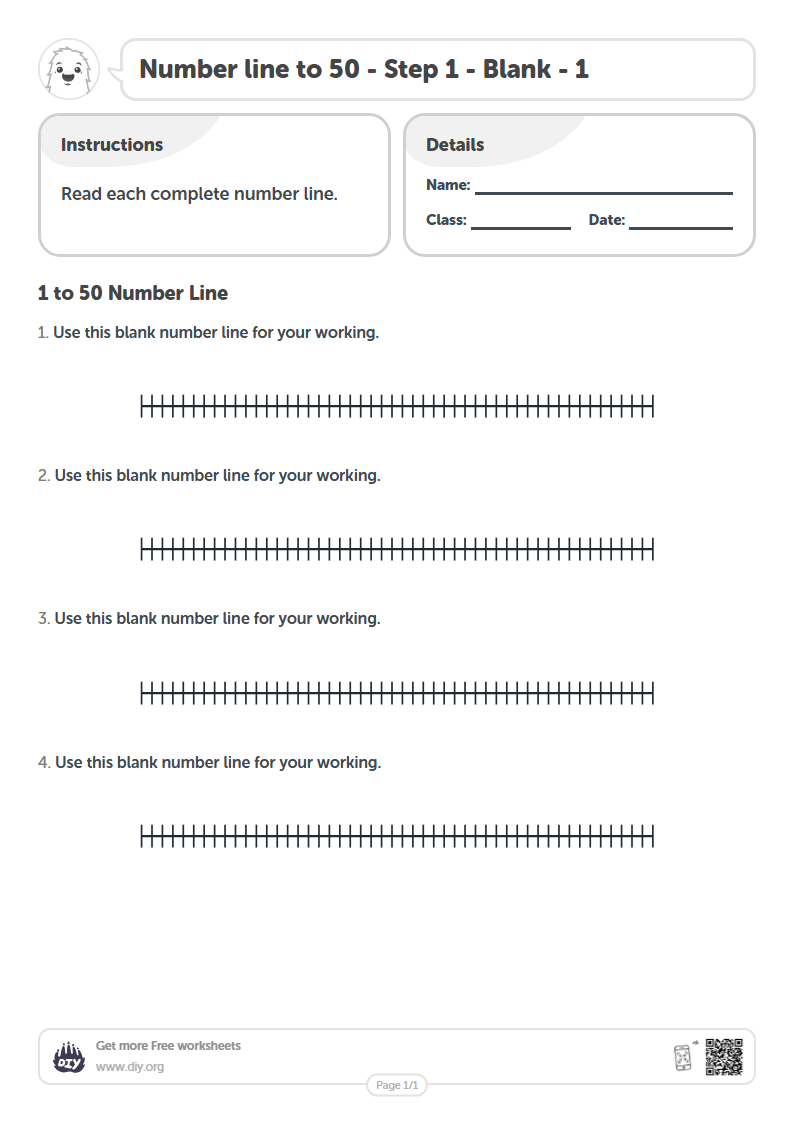 Free Number line to 50 - Step 1 - Blank - 1 Worksheets