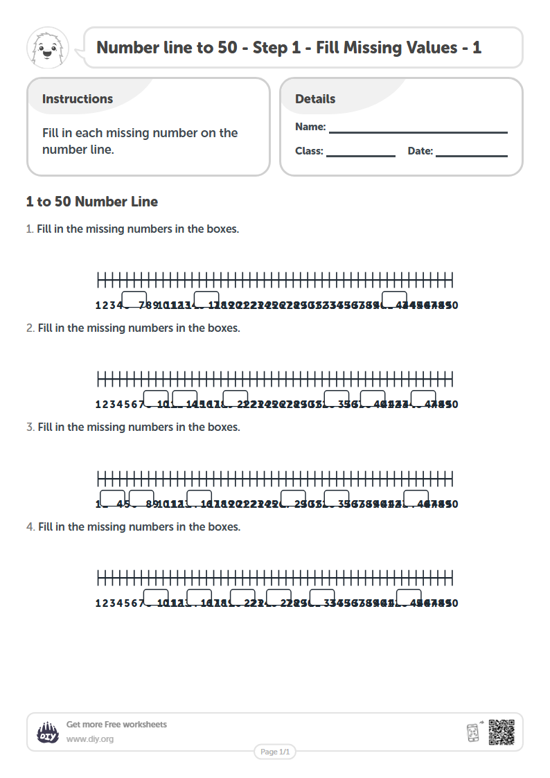 Free Number line to 50 - Step 1 - Fill Missing Values - 1 Worksheets