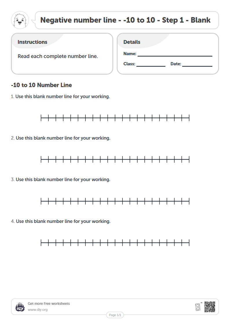Free Negative number line - -10 to 10 - Step 1 - Blank Worksheets