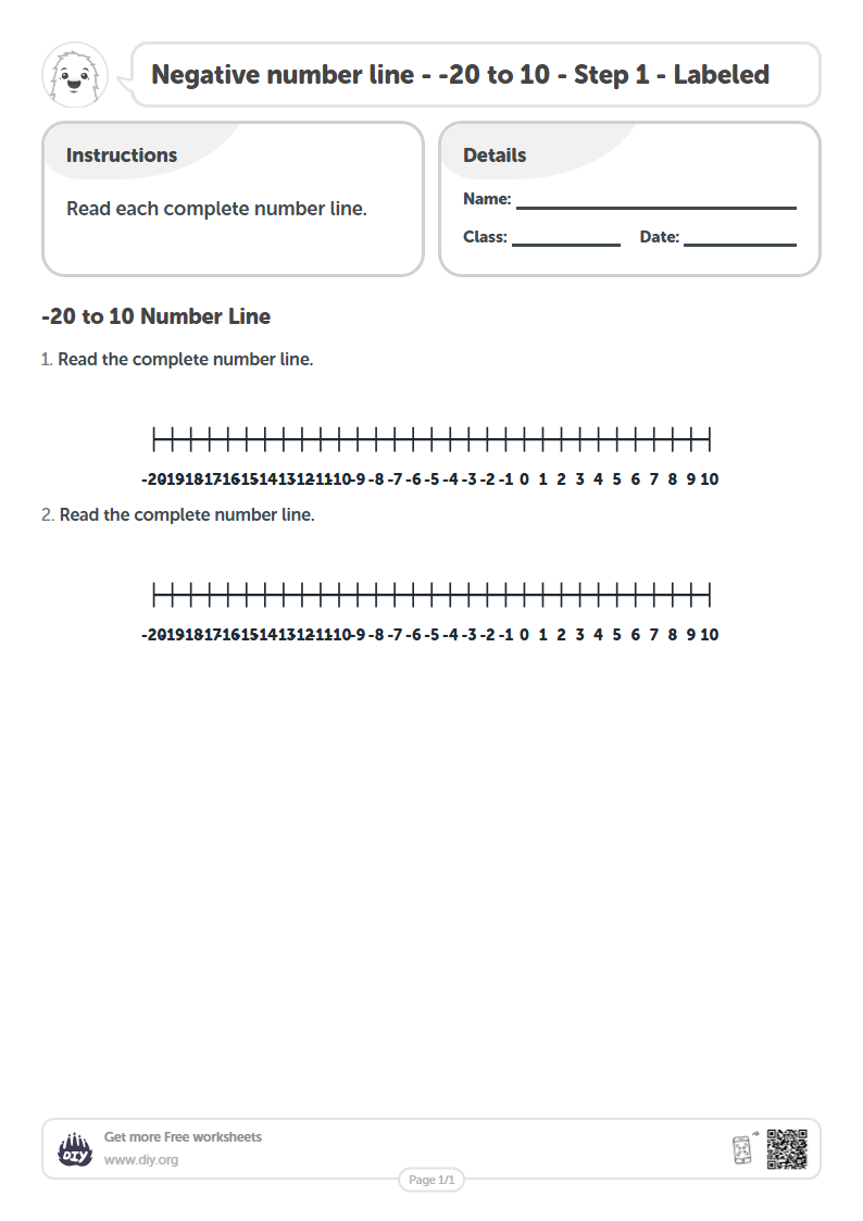Free Negative number line - -20 to 10 - Step 1 - Labeled Worksheets