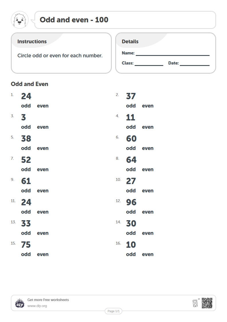 Free Odd and even - 100 Worksheets