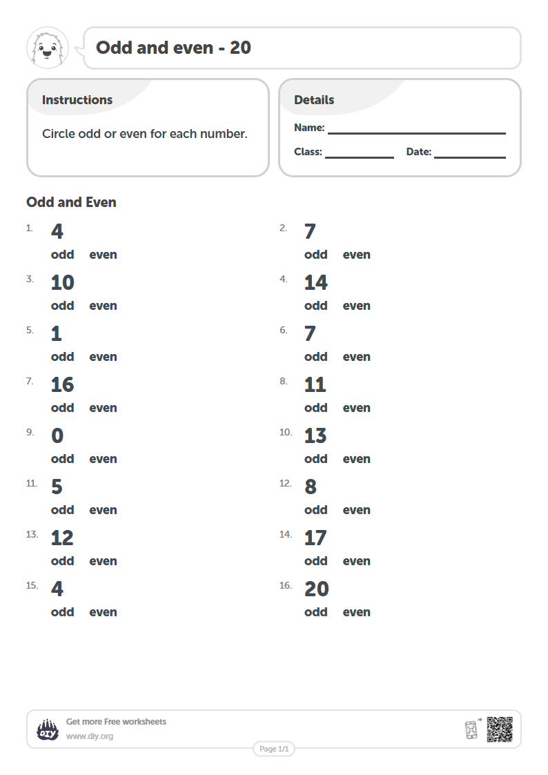 Free Odd and even - 20 Worksheets