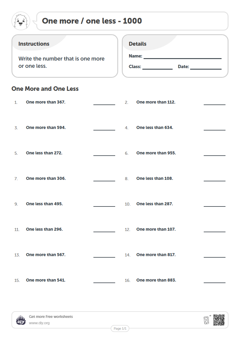 Free One more / one less - 1000 Worksheets