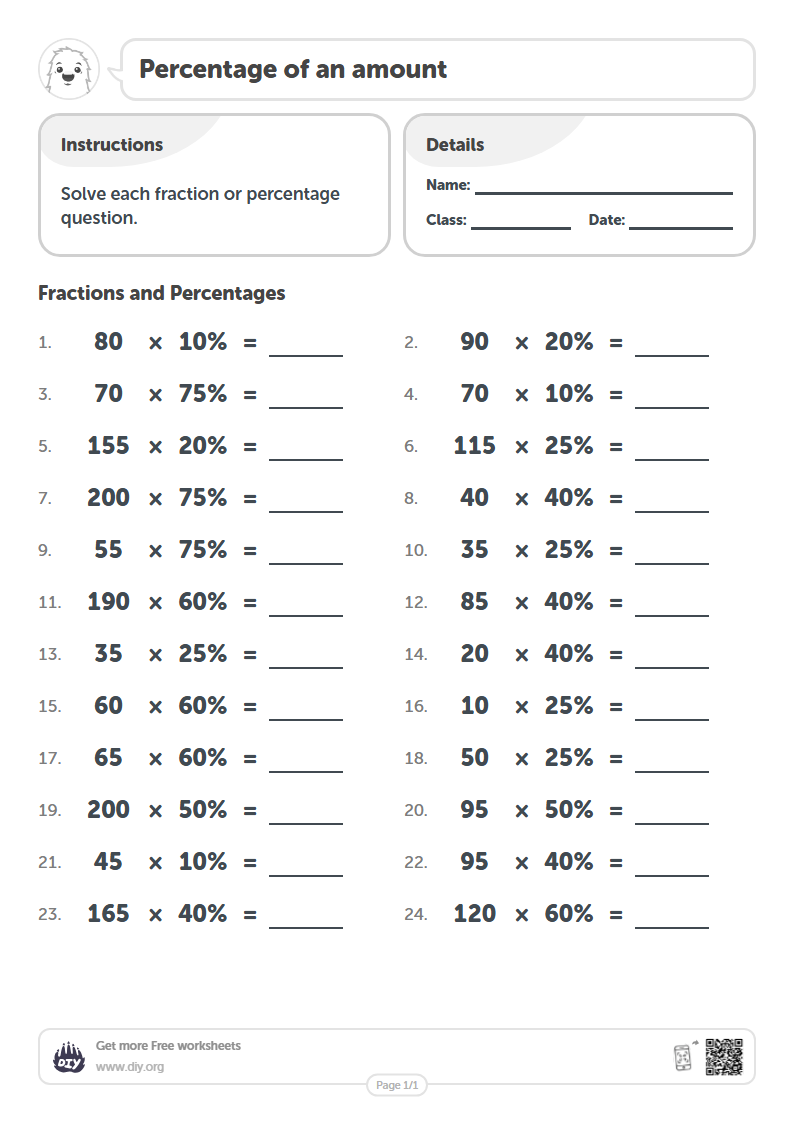 Free Percentage of an amount Worksheets