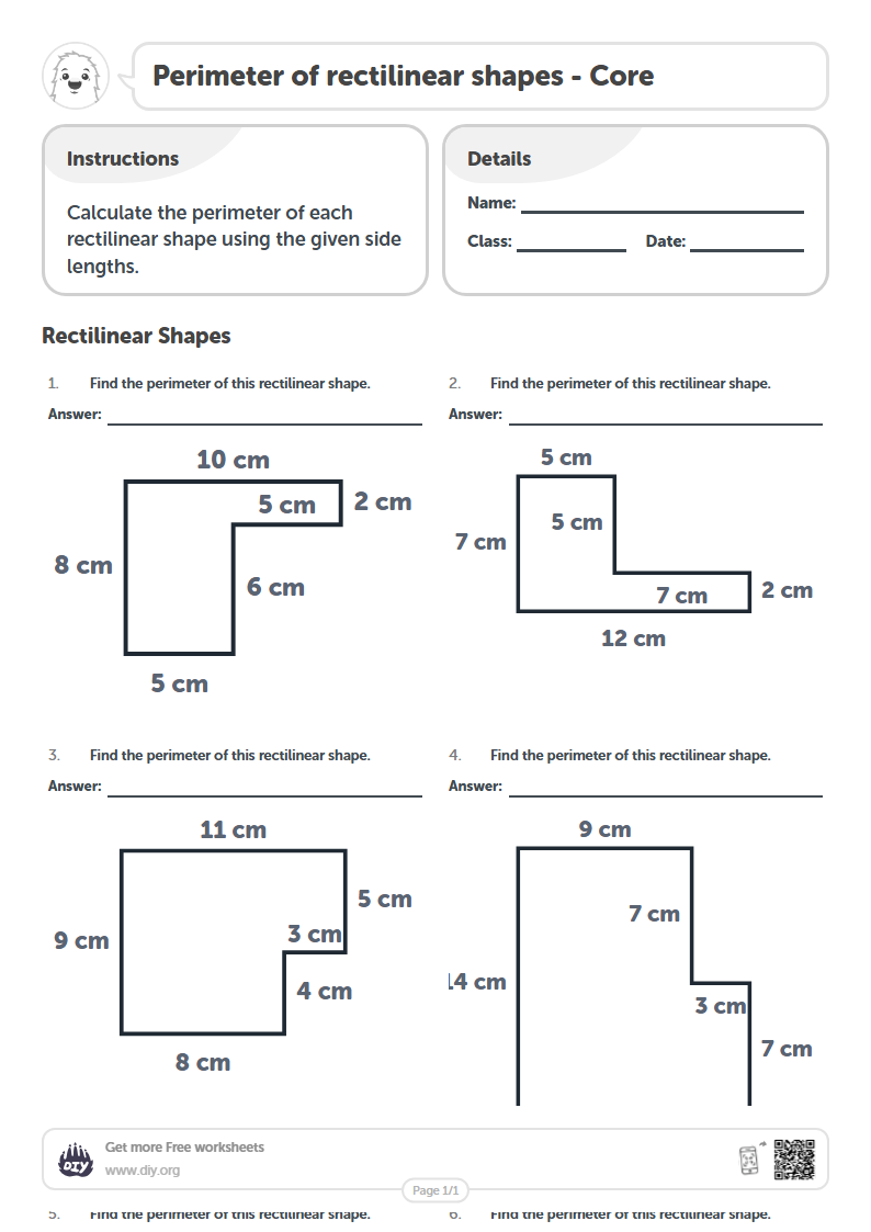 Free Perimeter of rectilinear shapes Worksheets
