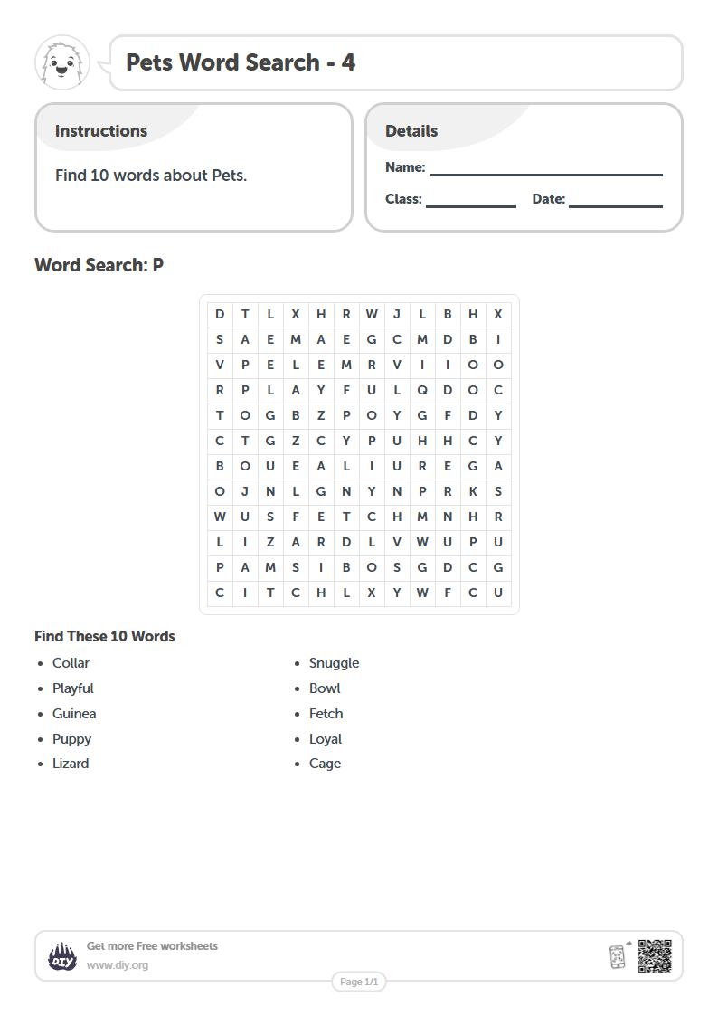 Free Pets Word Search Worksheets