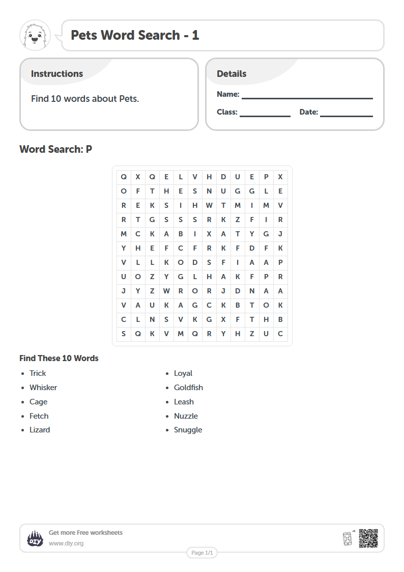 Free Pets Word Search Worksheets